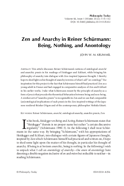 (PDF) Zen and Anarchy in Reiner Schürmann: Being, Nothing, and Anontology