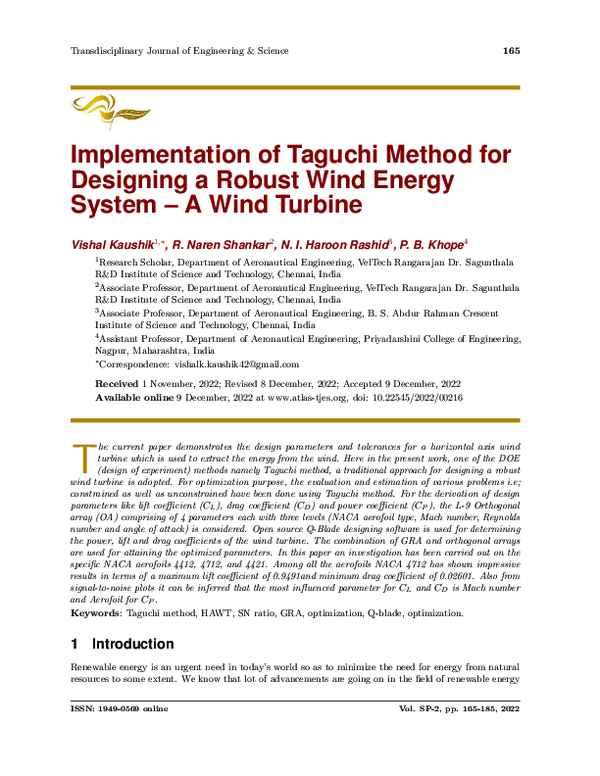 (PDF) Implementation of Taguchi method for designing a robust wind turbine | DR. Pravin Khope ...
