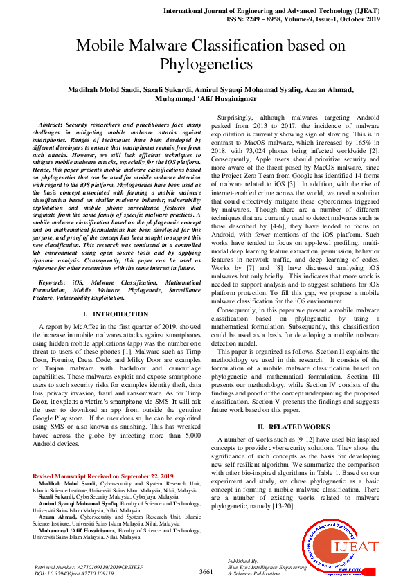 Pdf Mobile Malware Classification Based On Phylogenetics