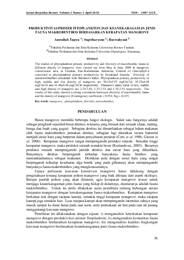 (PDF) Produktivitas Primer Fitoplankton Dan Keanekaragaman Jenis Fauna ...