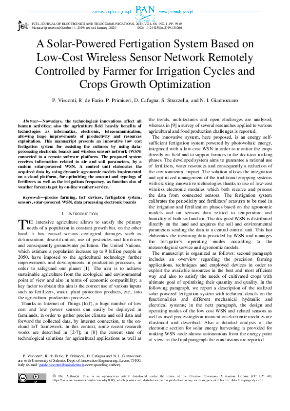 (PDF) A Solar-Powered Fertigation System Based on Low-Cost Wireless ... (PDF) A Solar-Powered Fertigation System Based on Low-Cost Wireless ...