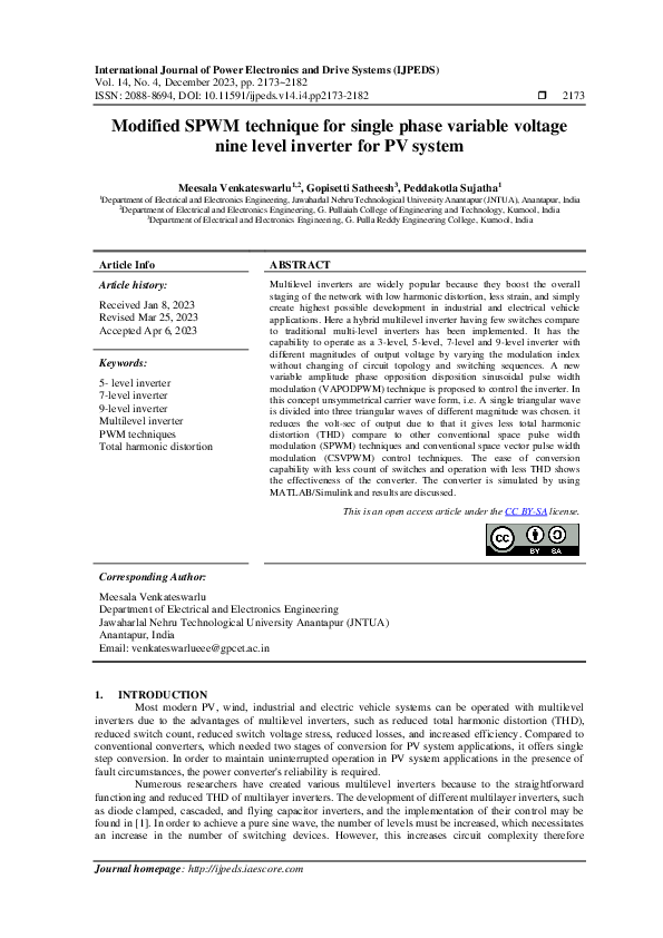 Pdf Modified Spwm Technique For Single Phase Variable Voltage Nine Level Inverter For Pv System