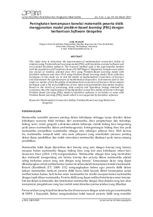 (PDF) Peningkatan kemampuan koneksi matematik peserta didik menggunakan model problem based ...