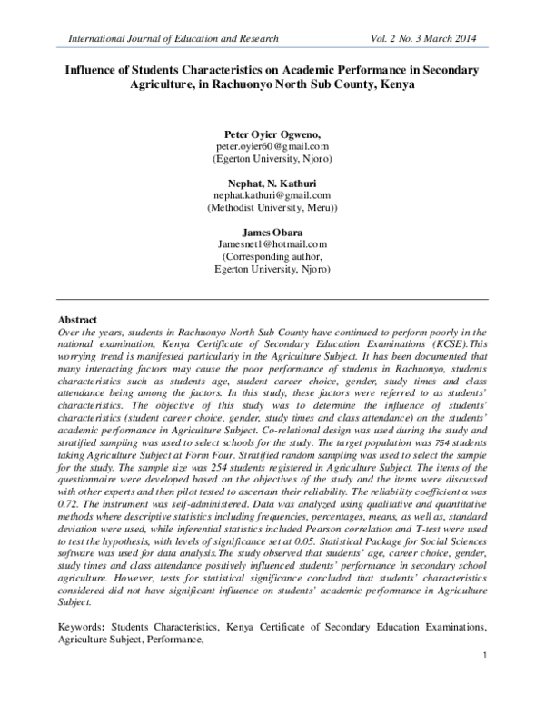 (PDF) Influence of Students Characteristics on Academic Performance in ...