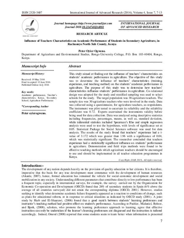 (PDF) Influence of Teachers Characteristics on Academic Performance of ...