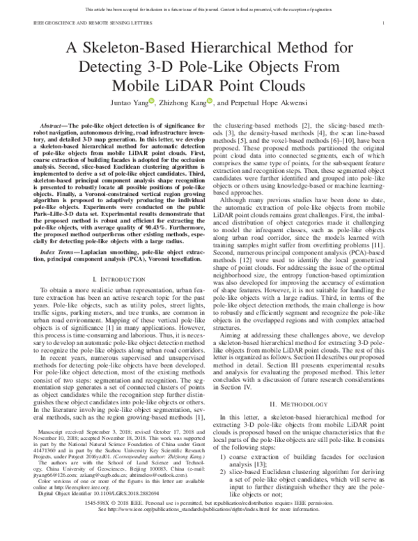 Pdf A Skeleton Based Hierarchical Method For Detecting 3 D Pole Like Objects From Mobile Lidar