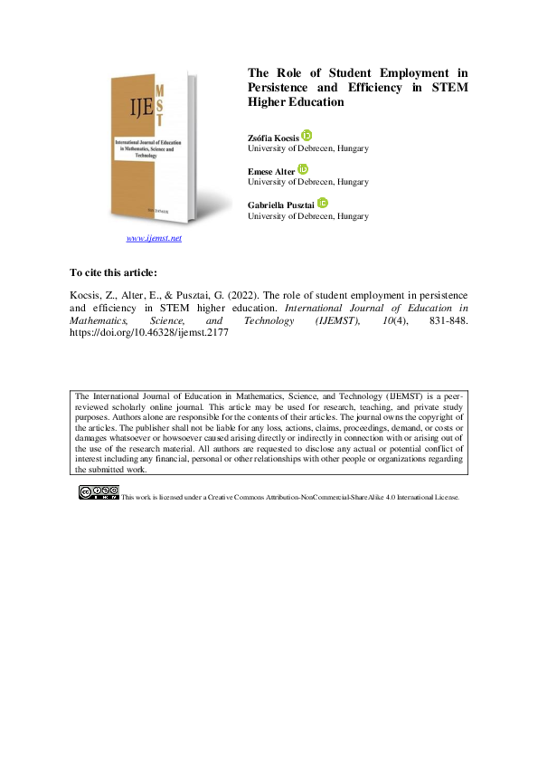 (PDF) The Role of Student Employment in Persistence and Efficiency in ...