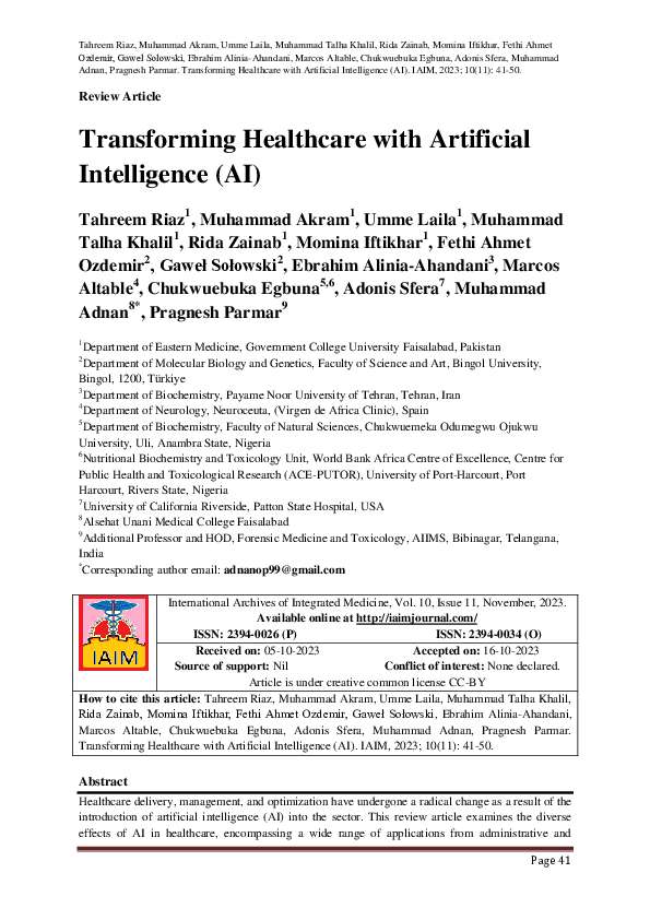(PDF) Transforming Healthcare with Artificial Intelligence (AI)