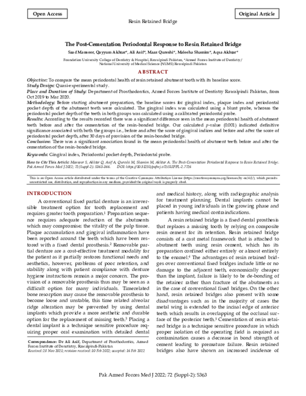 (PDF) The Post-Cementation Periodontal Response to Resin Retained Bridge