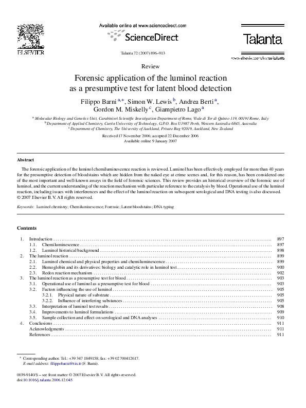 (PDF) Forensic application of the luminol reaction as a presumptive ...