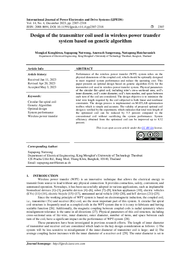 (PDF) Design of the transmitter coil used in wireless power transfer system based on genetic ...