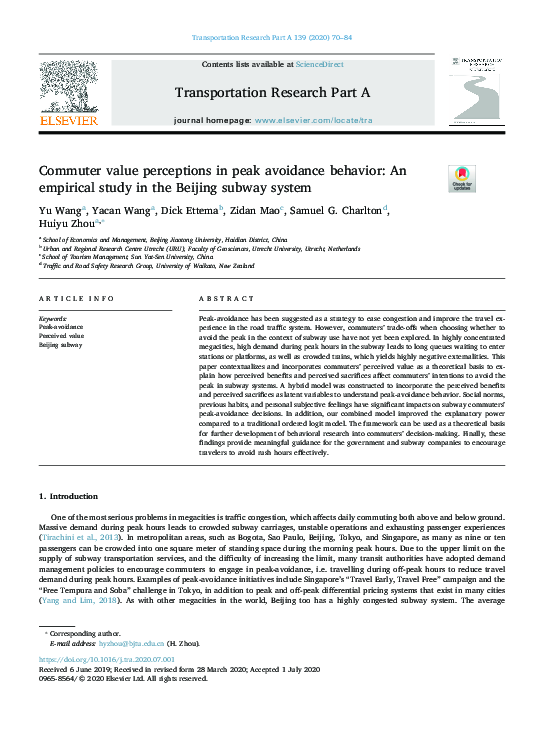 (PDF) Commuter value perceptions in peak avoidance behavior: An ...