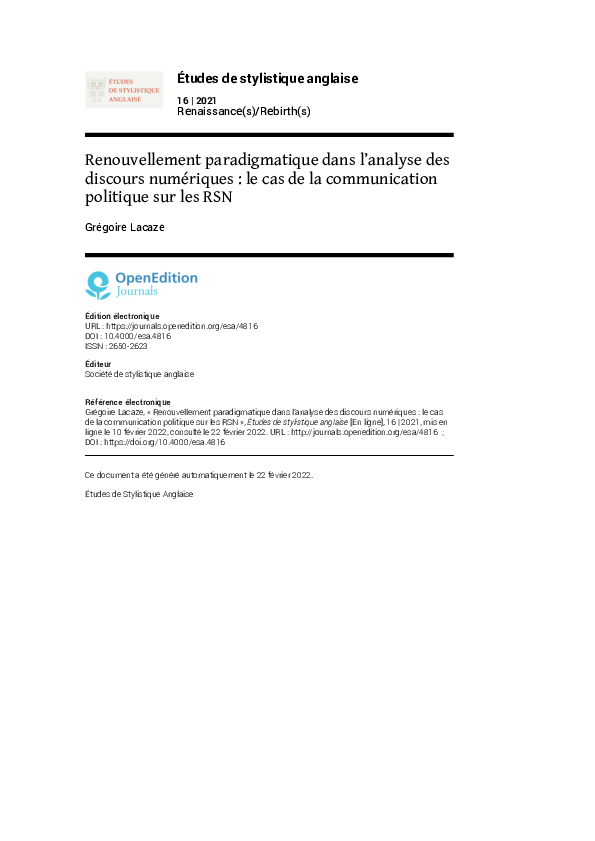 (PDF) Renouvellement paradigmatique dans l’analyse des discours ...