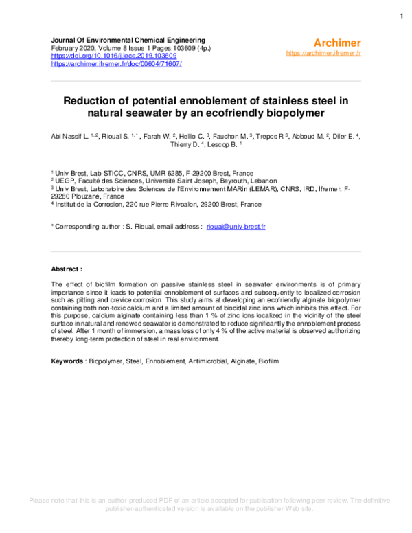 (PDF) Reduction of potential ennoblement of stainless steel in natural ...