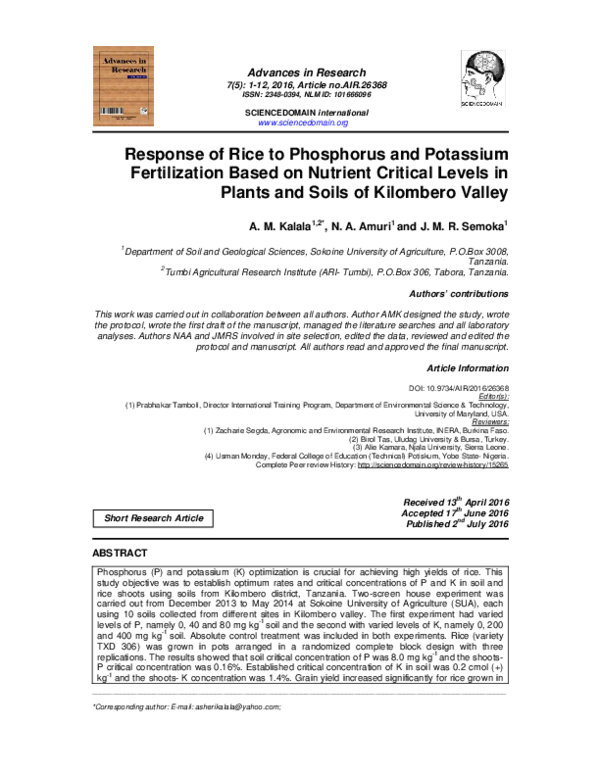 (PDF) Response of Rice to Phosphorus and Potassium Fertilization Based ...