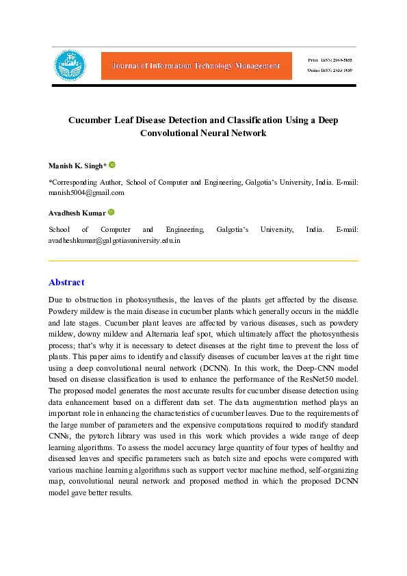 Pdf Cucumber Leaf Disease Detection And Classification Using A Deep