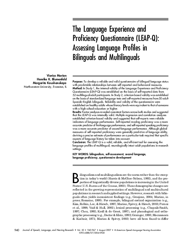 (PDF) The Language Experience and Proficiency Questionnaire (LEAP-Q ...