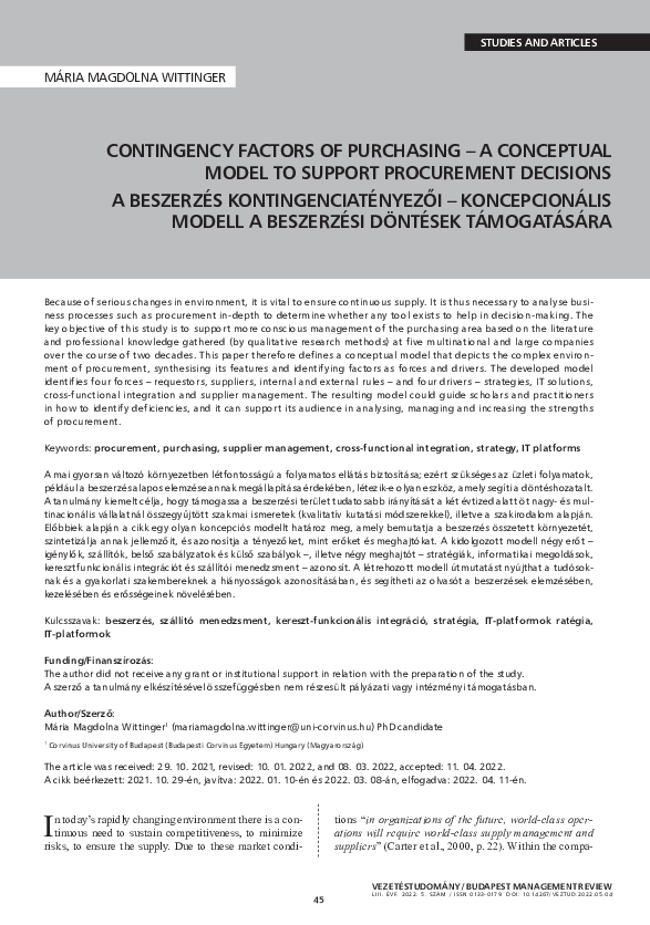 (PDF) Contingency Factors of Purchasing. A Conceptual Model to Support Procurement Decisions