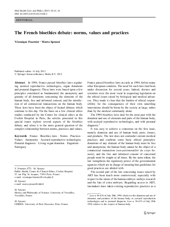 (PDF) The French bioethics debate: norms, values and practices