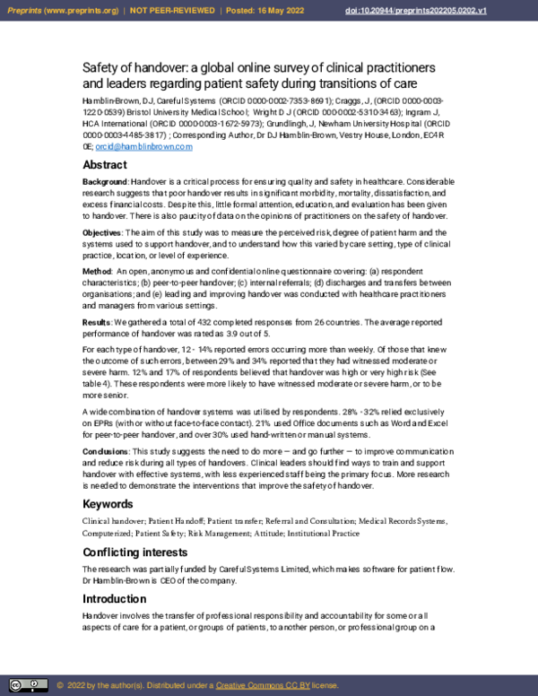 (PDF) Safety of Handover: A Global Online Survey of Clinical ...