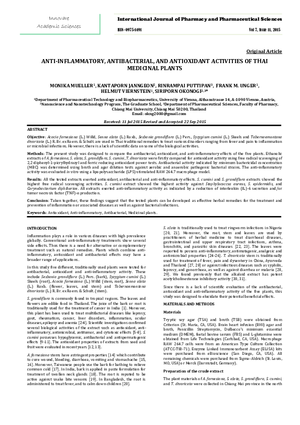 (PDF) ANTI-INFLAMMATORY, ANTIBACTERIAL, AND ANTIOXIDANT ACTIVITIES OF THAI MEDICINAL PLANTS