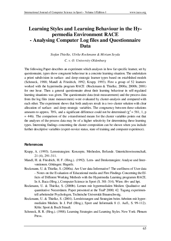 (PDF) Learning Styles and Learning Behaviour in the Hy- permedia Environment RACE - Analysing ...