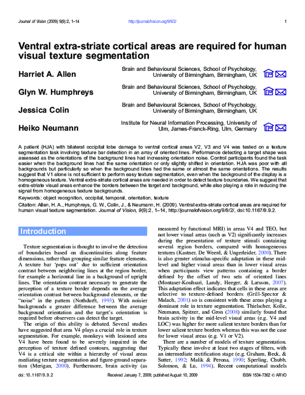 (PDF) Ventral extra-striate cortical areas are required for human visual texture segmentation