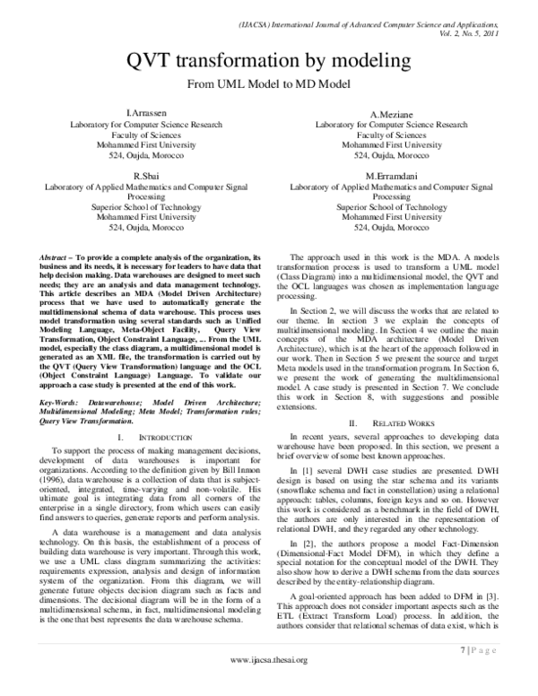 Pdf Qvt Transformation By Modeling From Uml Model To Md Model Abdelouafi Meziane