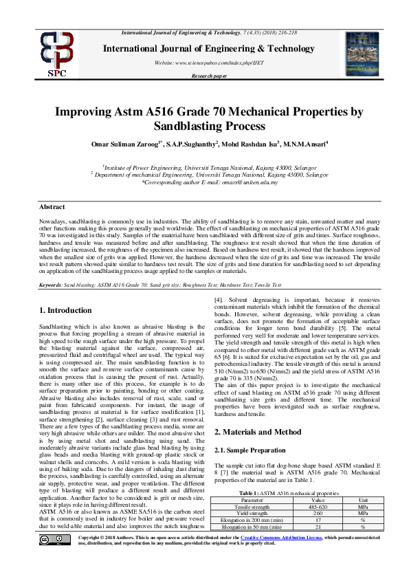 (PDF) Improving Astm A516 Grade 70 Mechanical Properties by Sandblasting Process