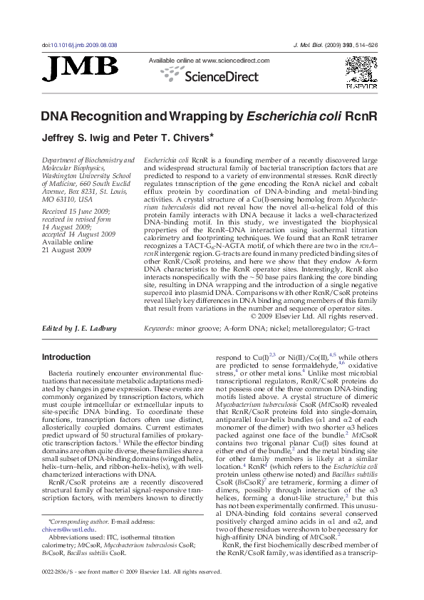 (PDF) DNA Recognition and Wrapping by Escherichia coli RcnR | Peter ...