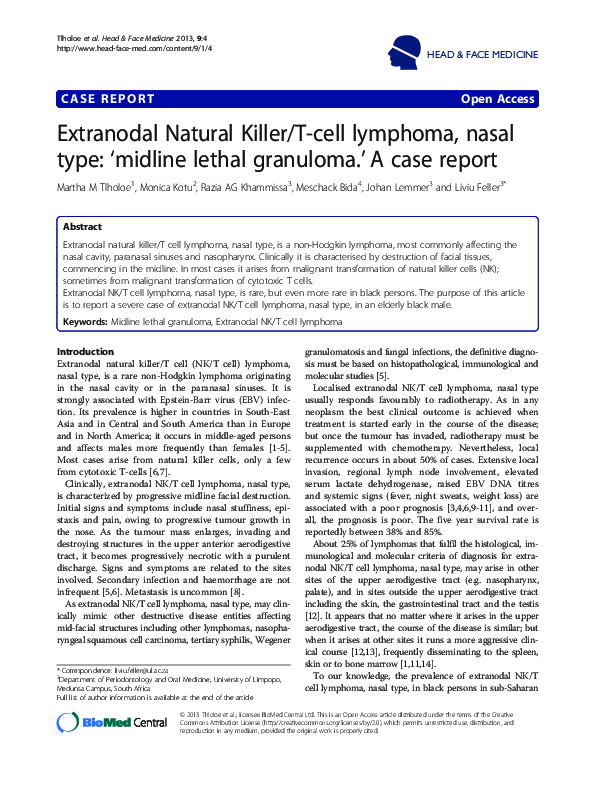 (PDF) Extranodal Natural Killer/T-cell lymphoma, nasal type: ‘midline lethal granuloma.’ A case ...