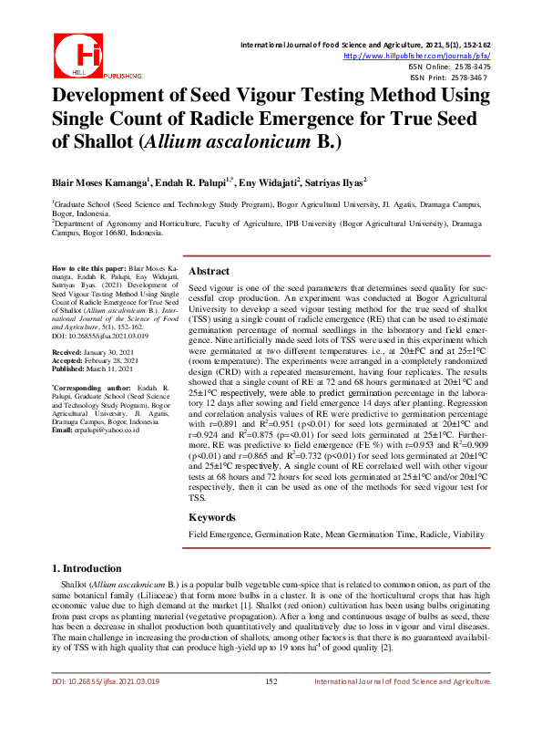 (PDF) Development of Seed Vigour Testing Method Using Single Count of ...