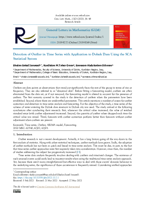 (PDF) Detection of Outlier in Time Series with Application to Dohuk Dam Using the SCA ...