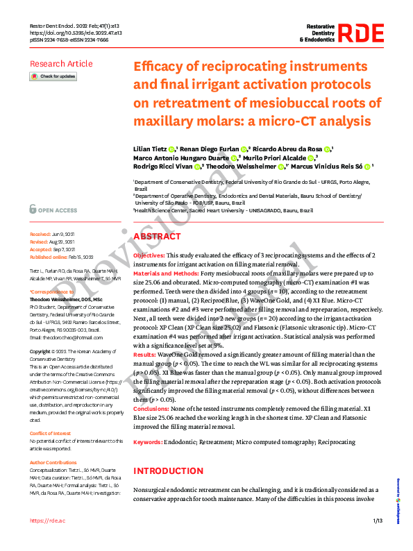 (PDF) Efficacy of reciprocating instruments and final irrigant ...