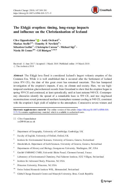 (PDF) The Eldgjá eruption: timing, long-range impacts and influence on ...