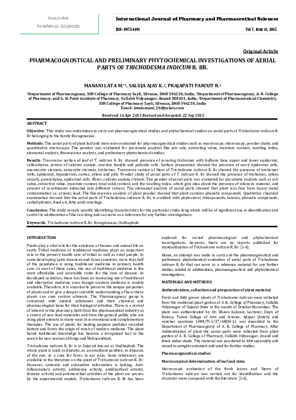 (PDF) PHARMACOGNOSTICAL AND PRELIMINARY PHYTOCHEMICAL INVESTIGATIONS OF AERIAL PARTS OF ...
