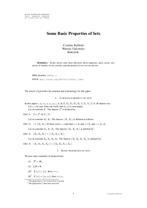 (PDF) Some Basic Properties of Sets