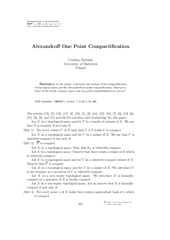 (PDF) Alexandroff One Point Compactification