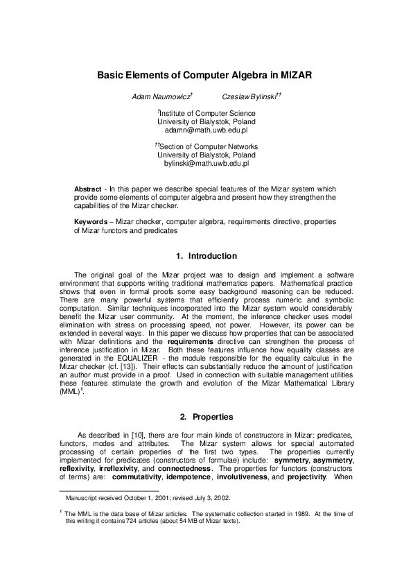 (PDF) Basic elements of computer algebra in MIZAR