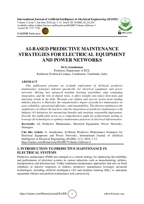 (PDF) AI-BASED PREDICTIVE MAINTENANCE STRATEGIES FOR ELECTRICAL EQUIPMENT AND POWER NETWORKS