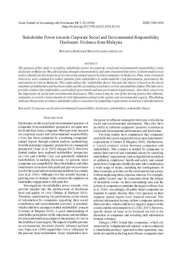 (PDF) Corporate social responsibility disclosure and corporate governance in Malaysia