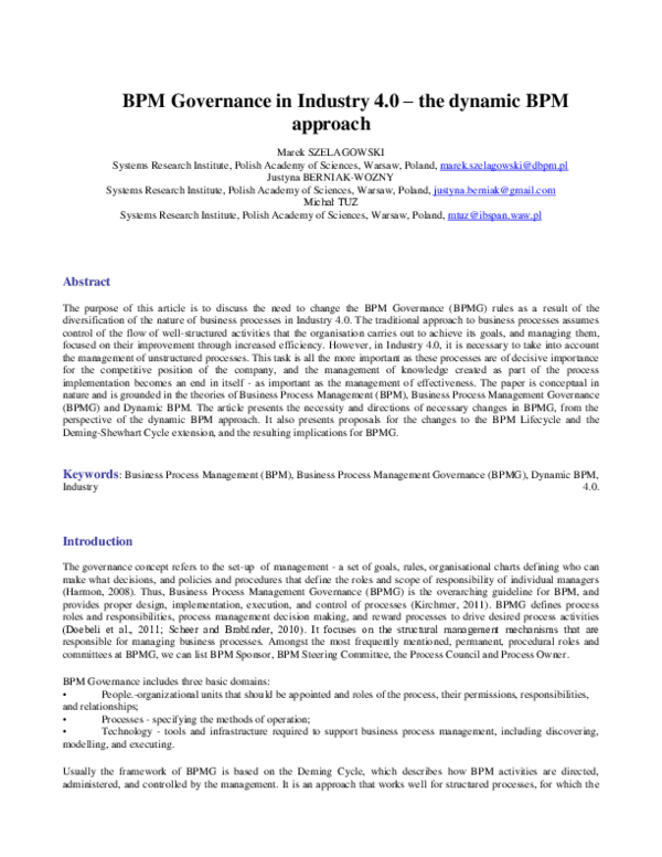 (PDF) BPM Governance in Industry 4.0 -the dynamic BPM approach