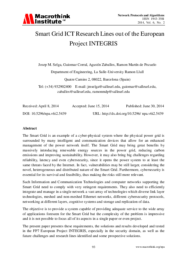 (PDF) Smart Grid ICT Research Lines out of the European Project INTEGRIS