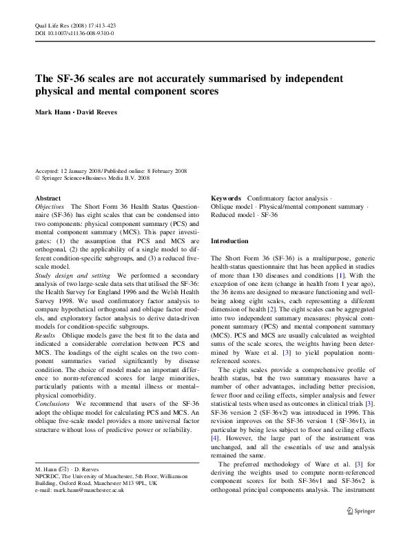 (PDF) The SF-36 scales are not accurately summarised by independent ...