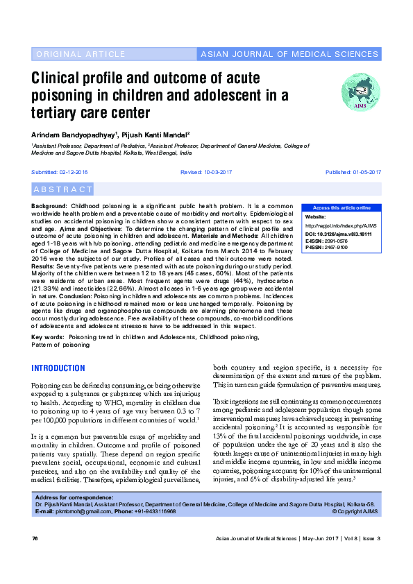 (PDF) Clinical profile and outcome of acute poisoning in children and ...