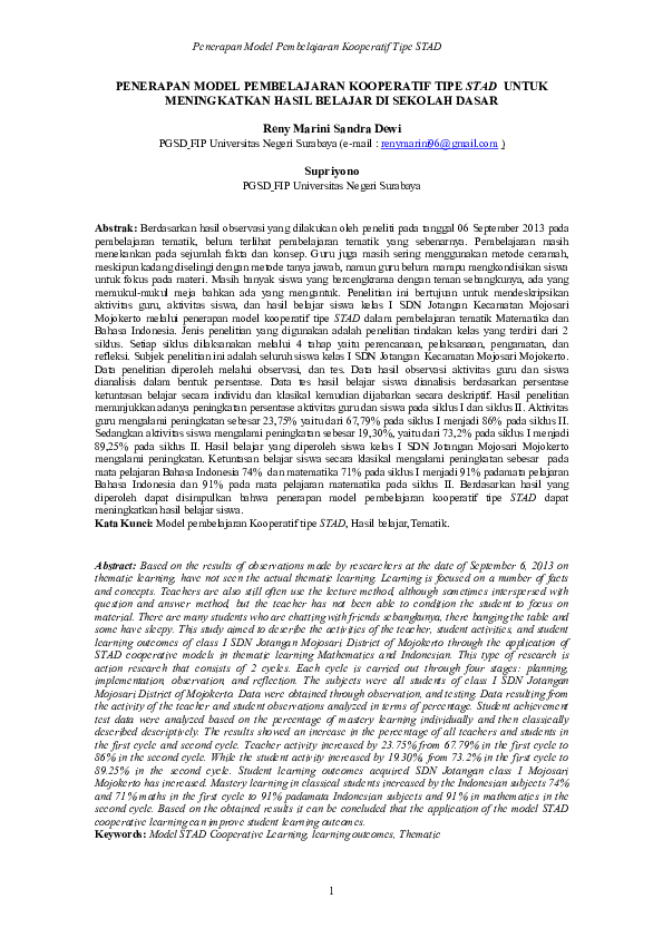 (PDF) Penerapan Model Pembelajaran Kooperatif Tipe Stad Untuk Meningkatkan Hasil Belajar DI ...