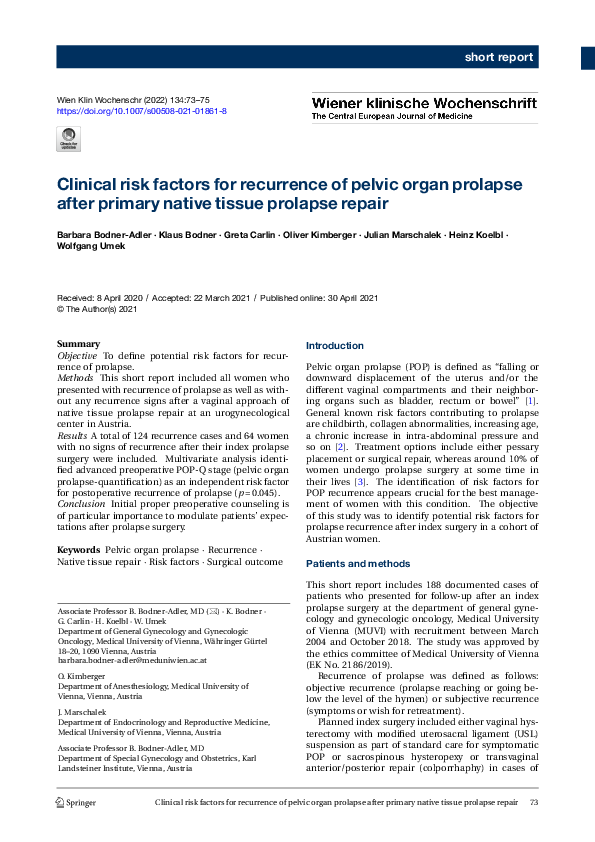 (PDF) Clinical risk factors for recurrence of pelvic organ prolapse ...