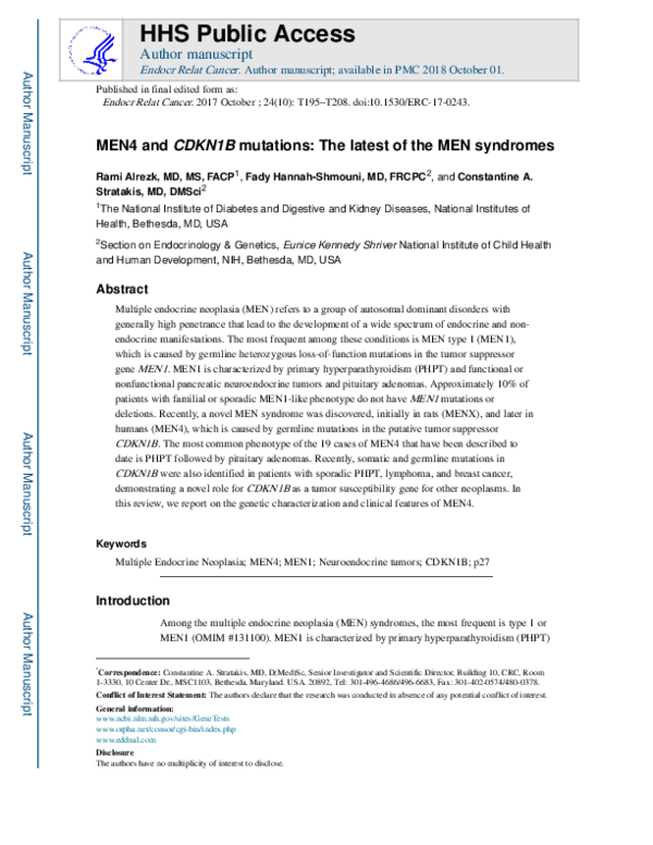 (PDF) MEN4 and CDKN1B Mutations in Endocrine Neoplasia