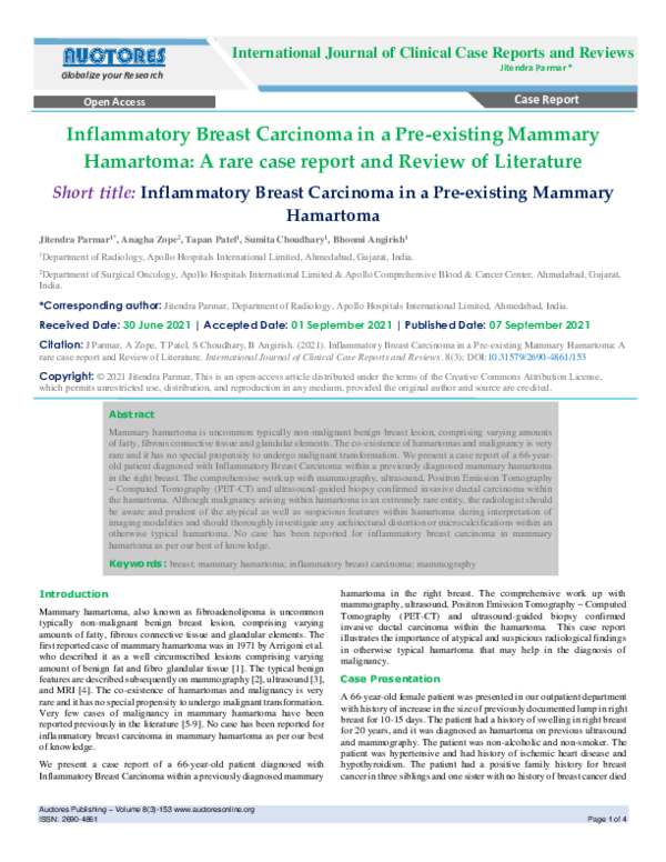 (PDF) Inflammatory Breast Carcinoma in a Pre-existing Mammary Hamartoma ...