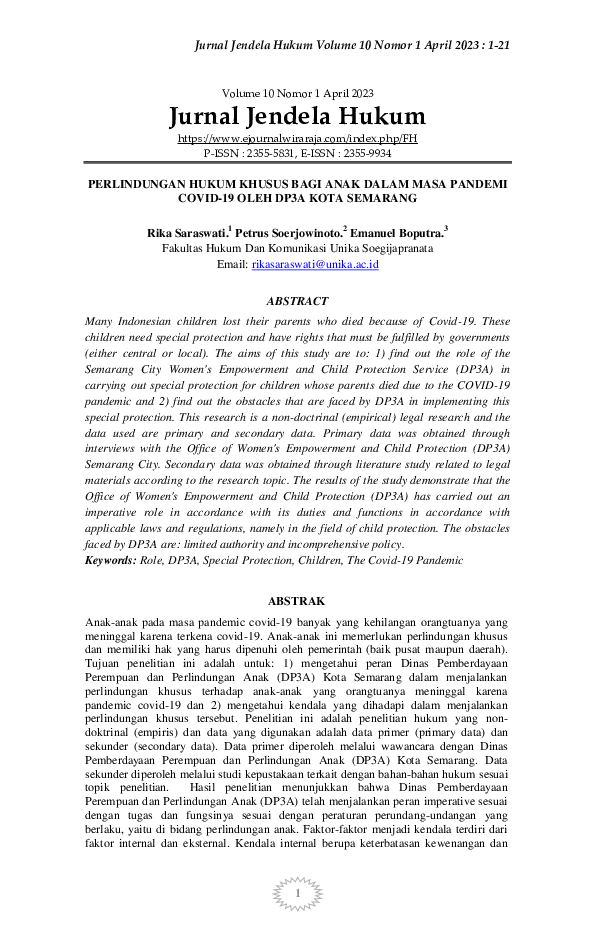 (PDF) Perlindungan Hukum Khusus Bagi Anak Dalam Masa Pandemi COVID-19 ...